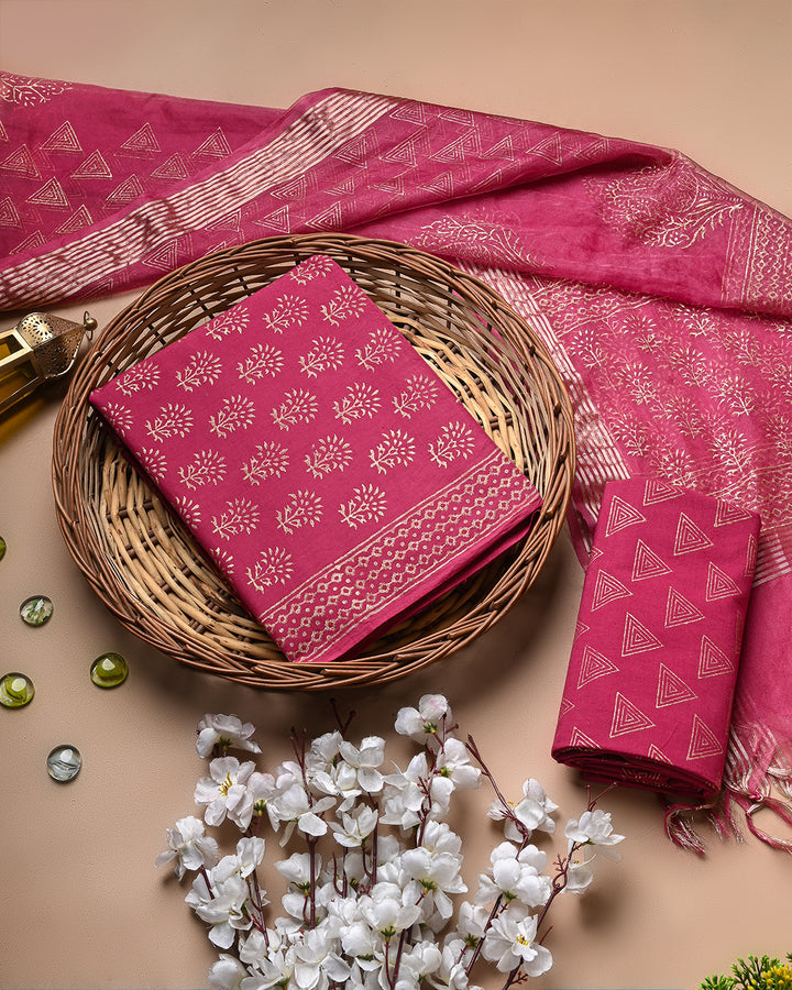 Buy Hand Block Printed Cotton Suit With Organza Dupatta At Bagrustore