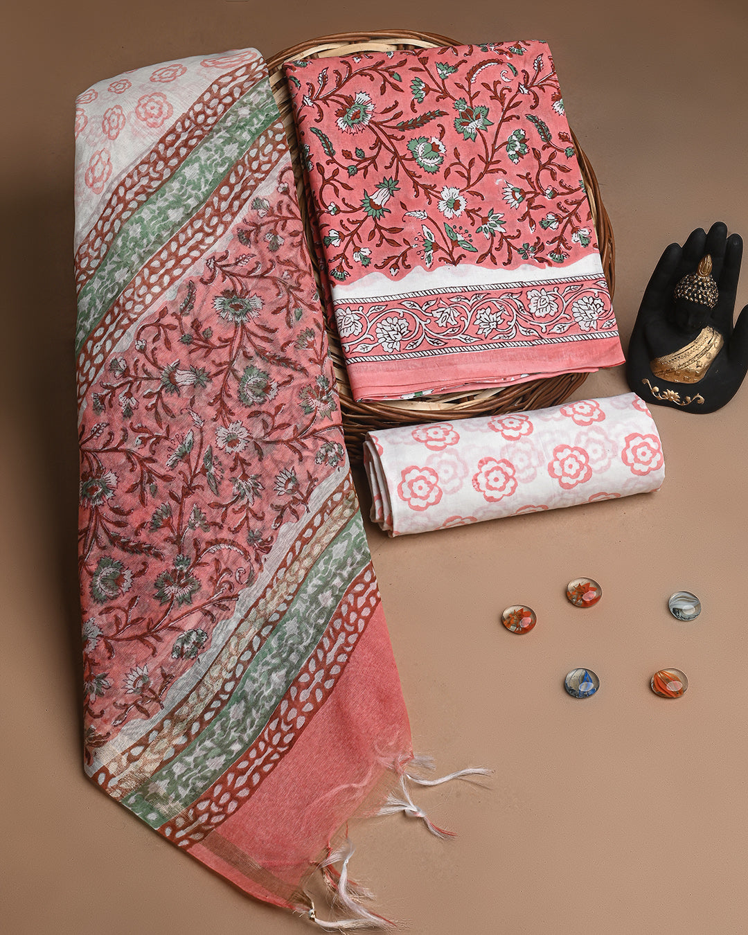 Hand Block Printed Cotton Suit With Organza Dupatta Bscod17