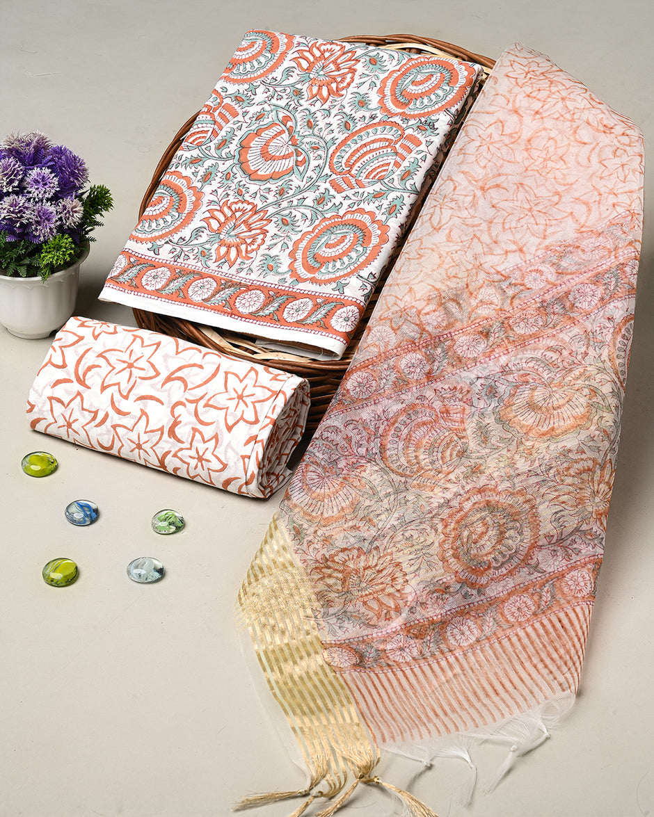 Buy Hand Block Printed Cotton Suit With Organza Dupatta At Bagrustore