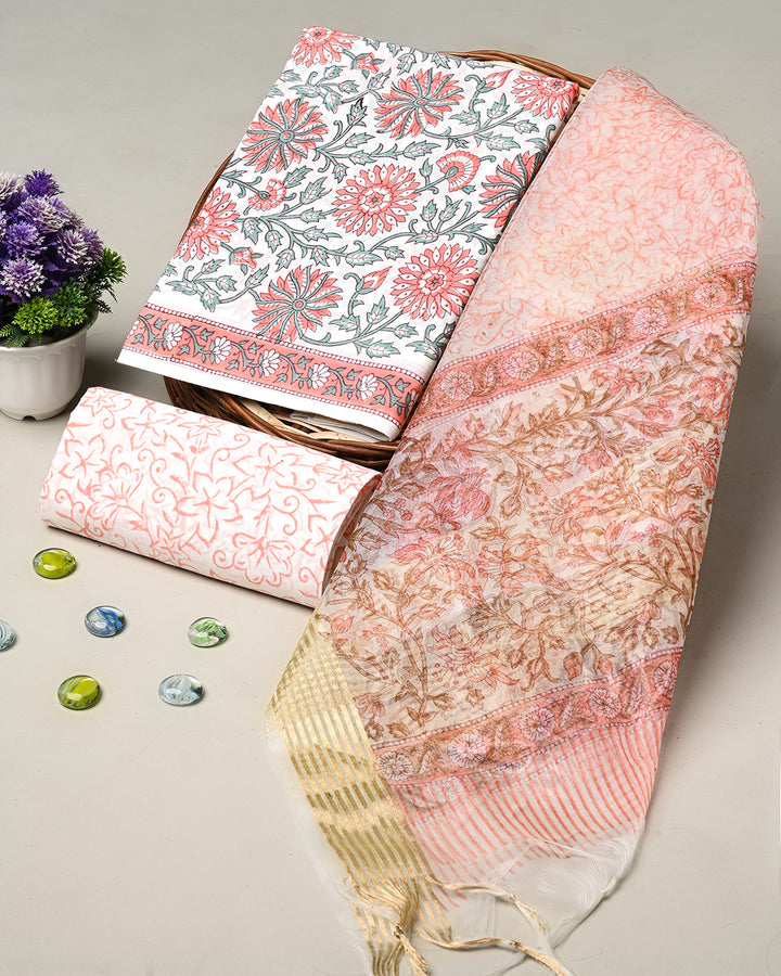 Buy Hand Block Printed Cotton Suit With Organza Dupatta At Bagrustore