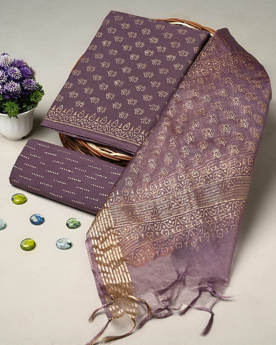 Buy Hand Block Printed Cotton Suit With Organza Dupatta At Bagrustore