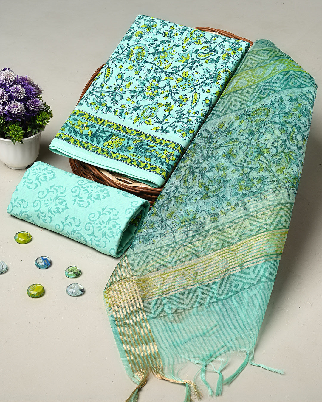 Buy Hand Block Printed Cotton Suit With Organza Dupatta At Bagrustore