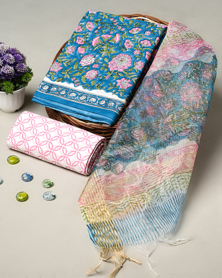Buy Hand Block Printed Cotton Suit With Organza Dupatta At Bagrustore