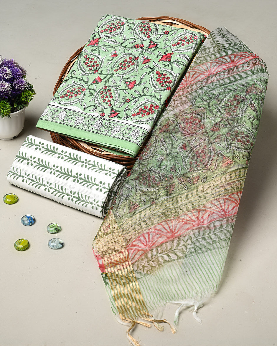 Buy Hand Block Printed Cotton Suit With Organza Dupatta At Bagrustore