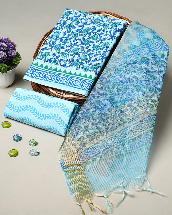 Buy Hand Block Printed Cotton Suit With Organza Dupatta At Bagrustore