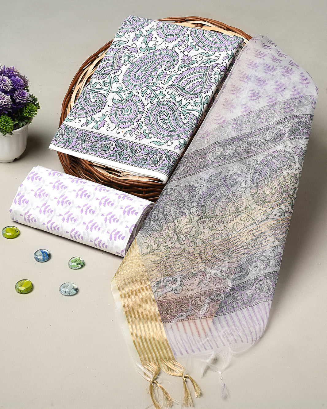 Buy Hand Block Printed Cotton Suit With Organza Dupatta At Bagrustore