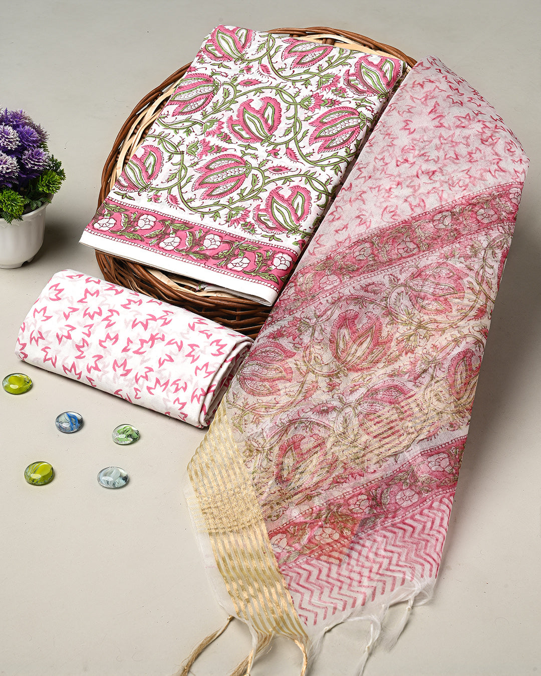 Buy Hand Block Printed Cotton Suit With Organza Dupatta At Bagrustore