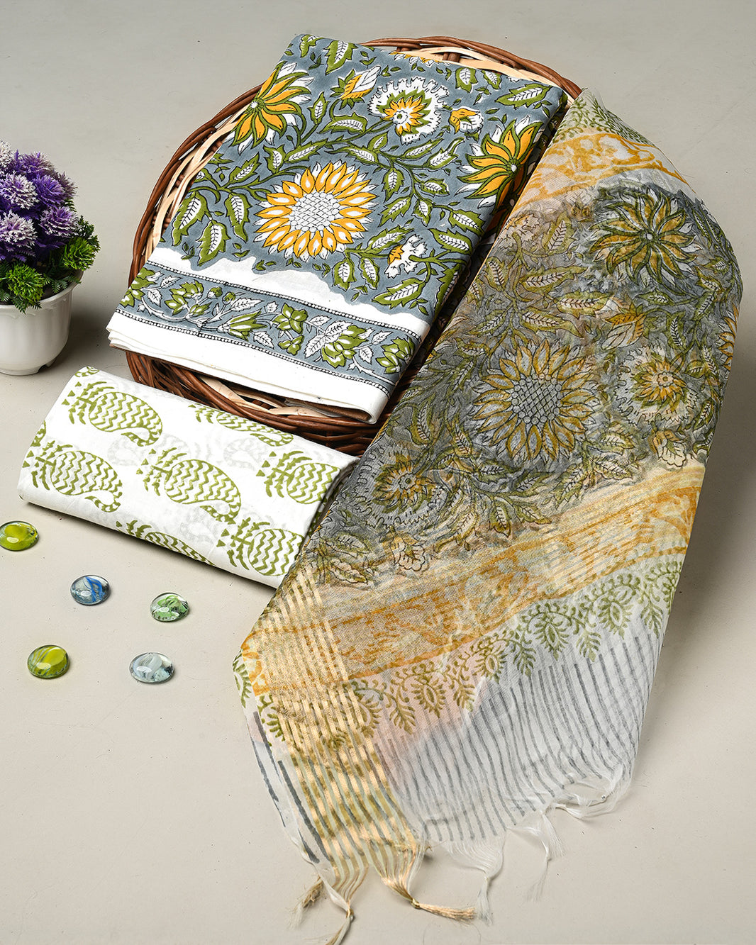 Buy Hand Block Printed Cotton Suit With Organza Dupatta At Bagrustore