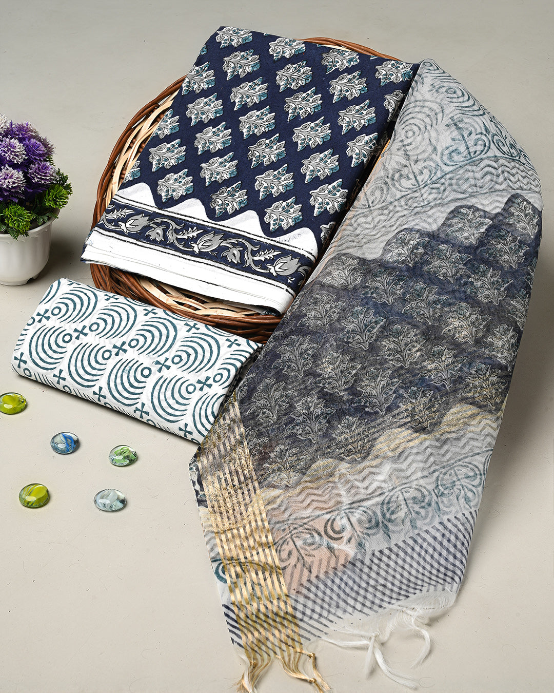 Buy Hand Block Printed Cotton Suit With Organza Dupatta At Bagrustore