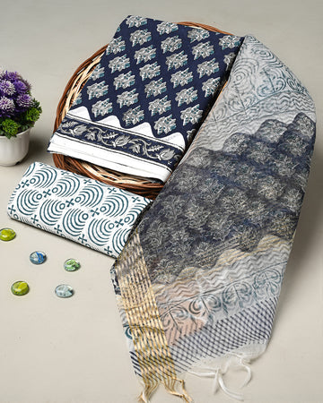 Buy Hand Block Printed Cotton Suit With Organza Dupatta At Bagrustore