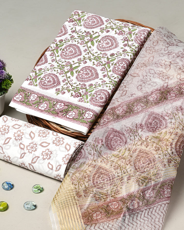 Buy Hand Block Printed Cotton Suit With Organza Dupatta At Bagrustore