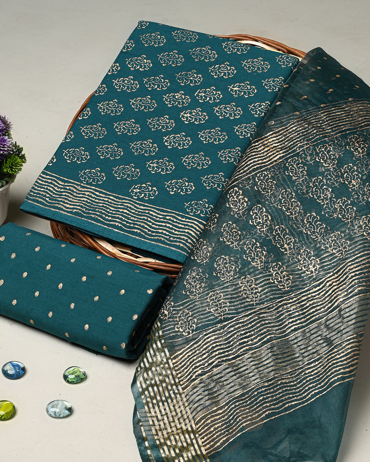 Buy Hand Block Printed Cotton Suit With Organza Dupatta At Bagrustore