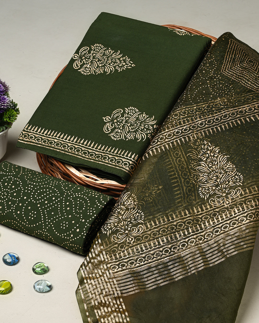 Buy Hand Block Printed Cotton Suit With Organza Dupatta At Bagrustore