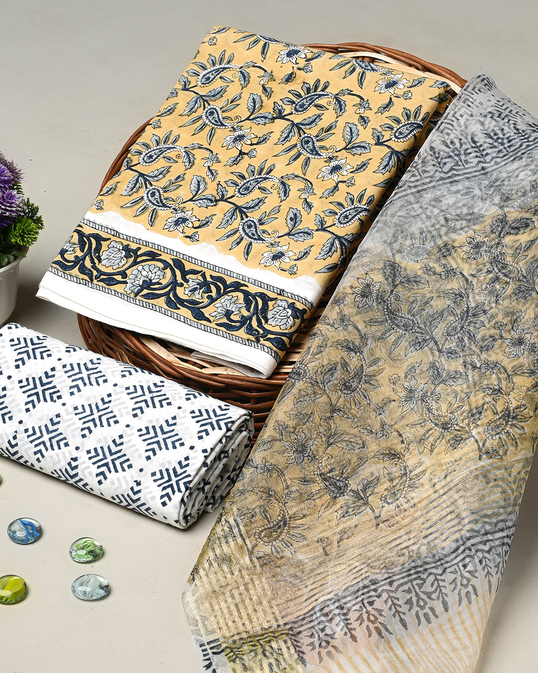 Buy Hand Block Printed Cotton Suit With Organza Dupatta At Bagrustore