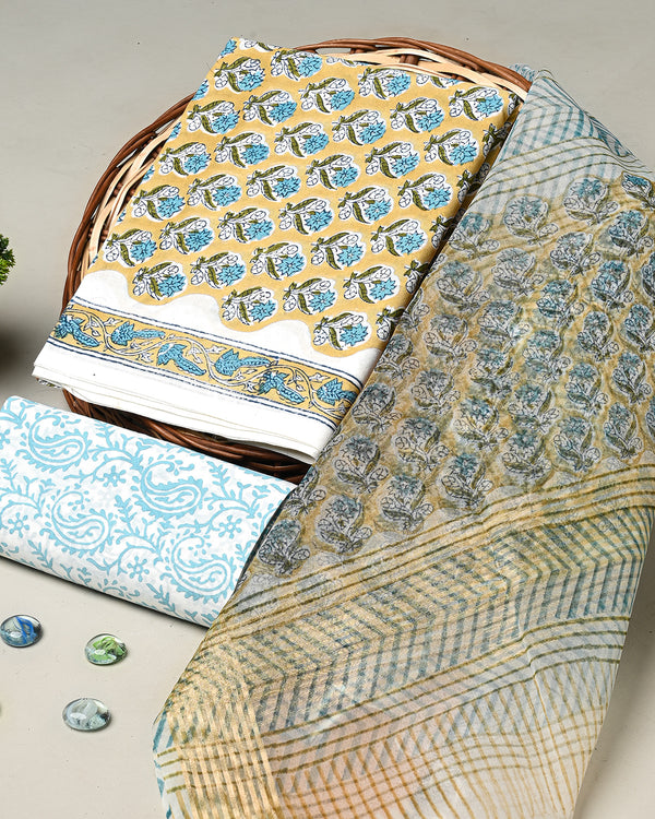 Buy Hand Block Printed Cotton Suit With Organza Dupatta At Bagrustore