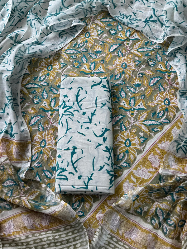 Shop Hand Block Printed Cotton Suit With Linen Dupatta | Bagrustore