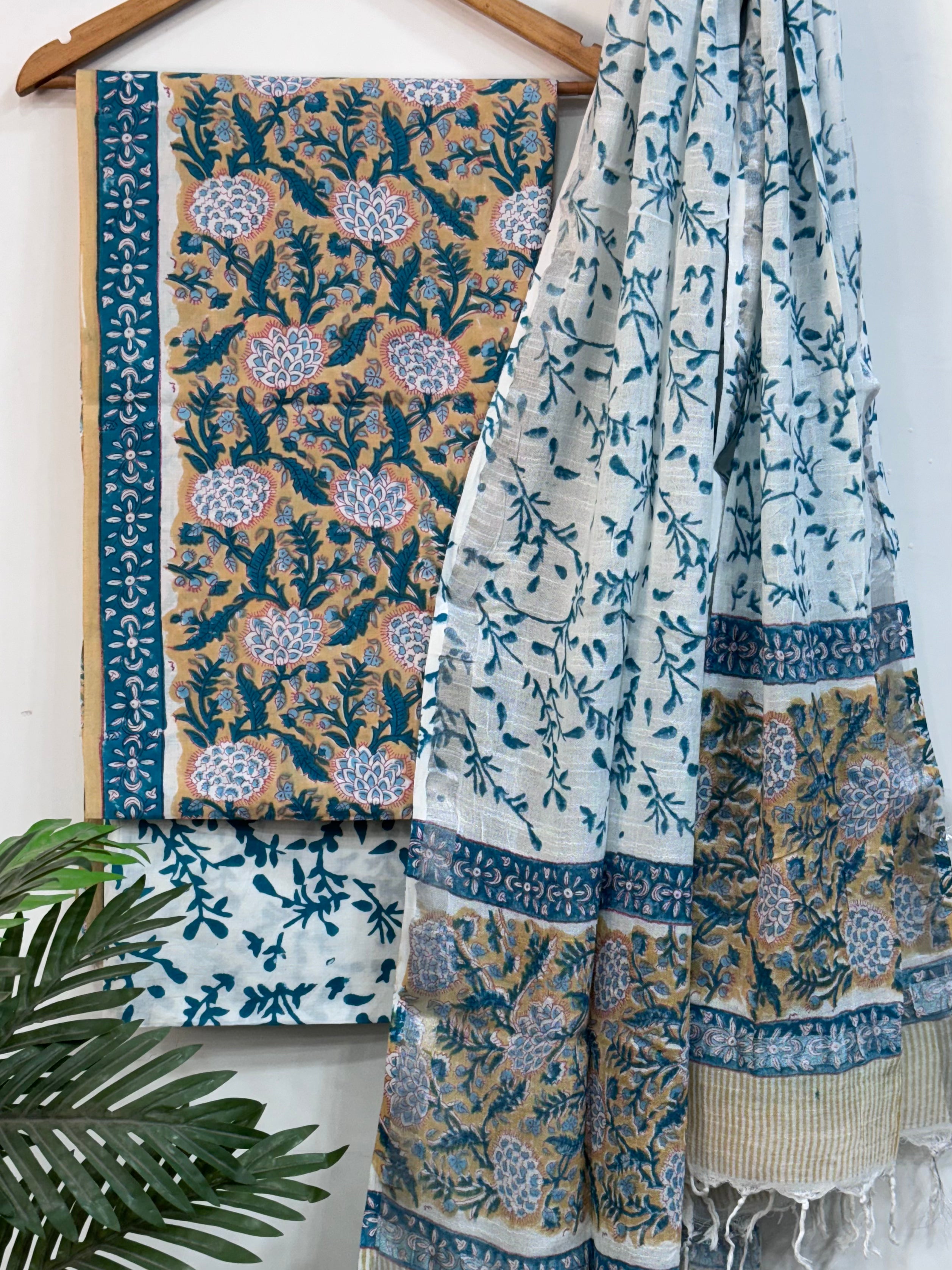 Shop Hand Block Printed Cotton Suit With Linen Dupatta | Bagrustore
