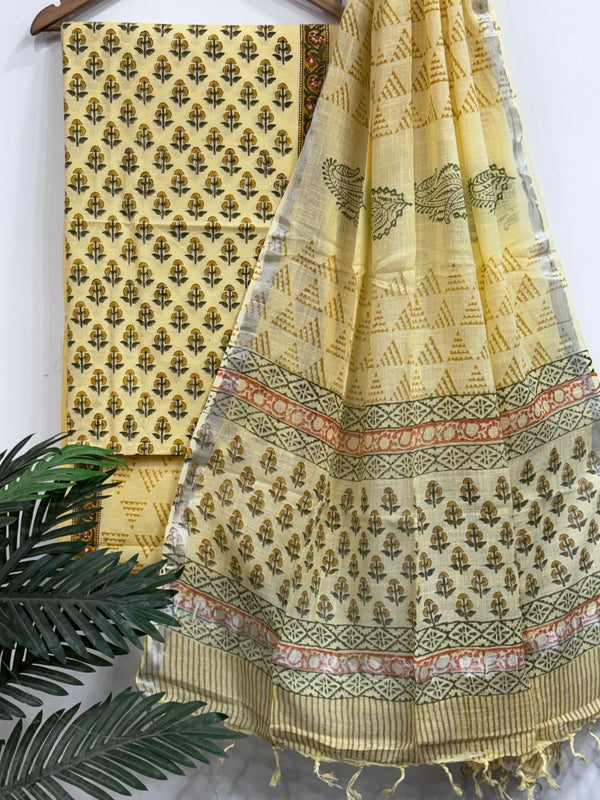 Shop Hand Block Printed Cotton Suit With Linen Dupatta | Bagrustore