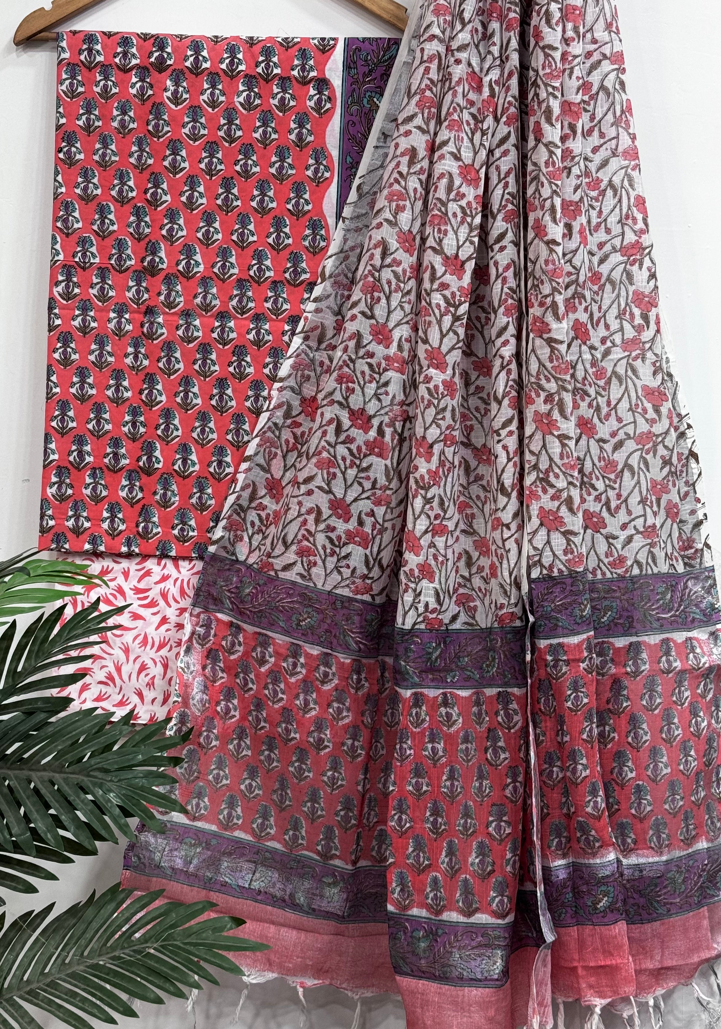 Shop Hand Block Printed Cotton Suit With Linen Dupatta | Bagrustore