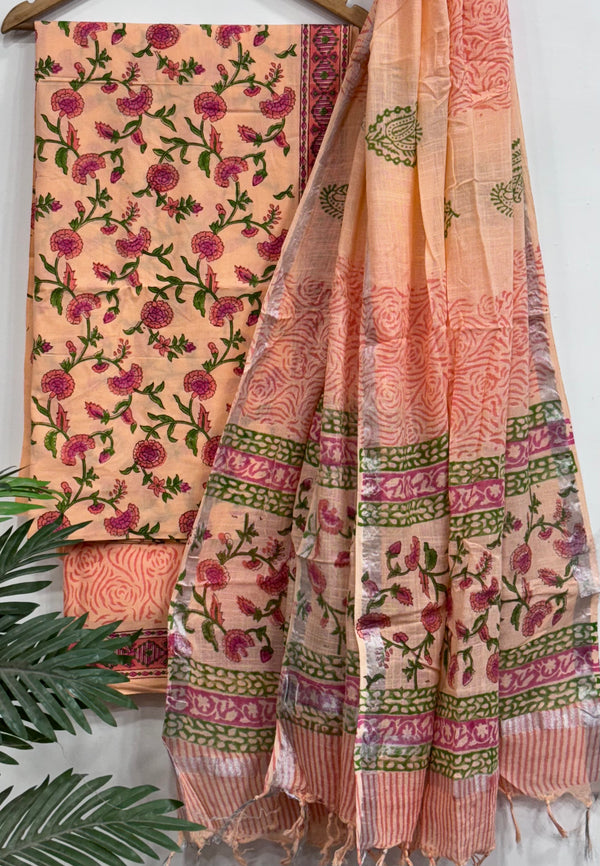 Shop Hand Block Printed Cotton Suit With Linen Dupatta | Bagrustore